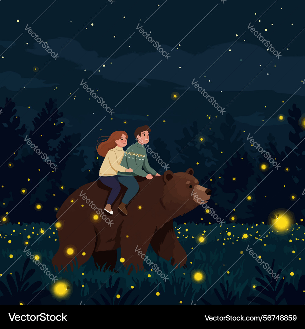 Couple riding bear through magical forest Vector Image