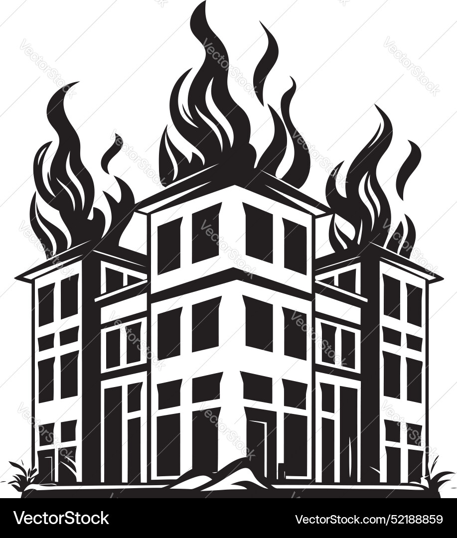 Disaster alert burning building black logo design Vector Image