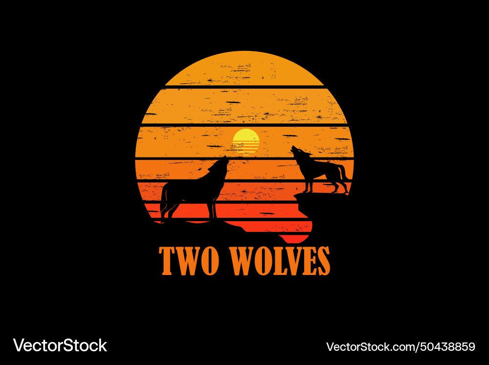 Two wolves retro vintage landscape design Vector Image