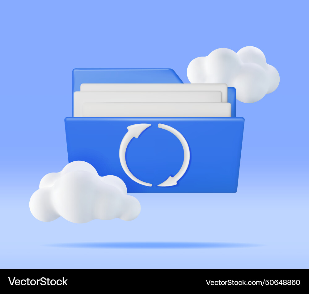 3d blue folder in clouds with file sync icon Vector Image