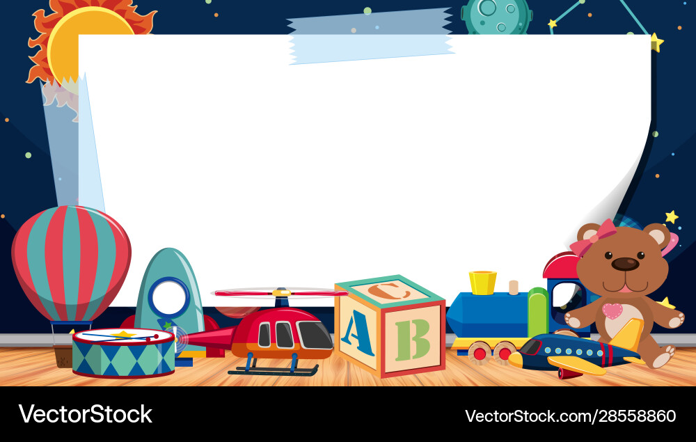 Border template with many toys on floor Royalty Free Vector