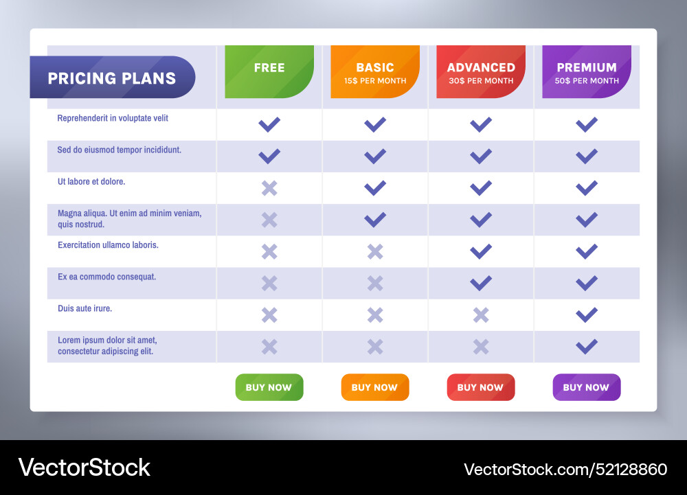 Comparison chart pricing tiers table subscription Vector Image