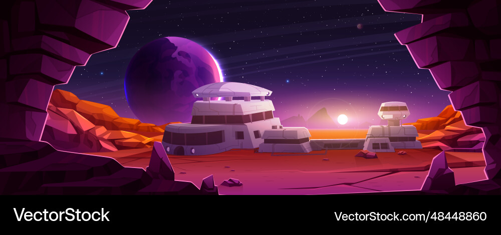 Sunset on alien mars planet space colony station Vector Image