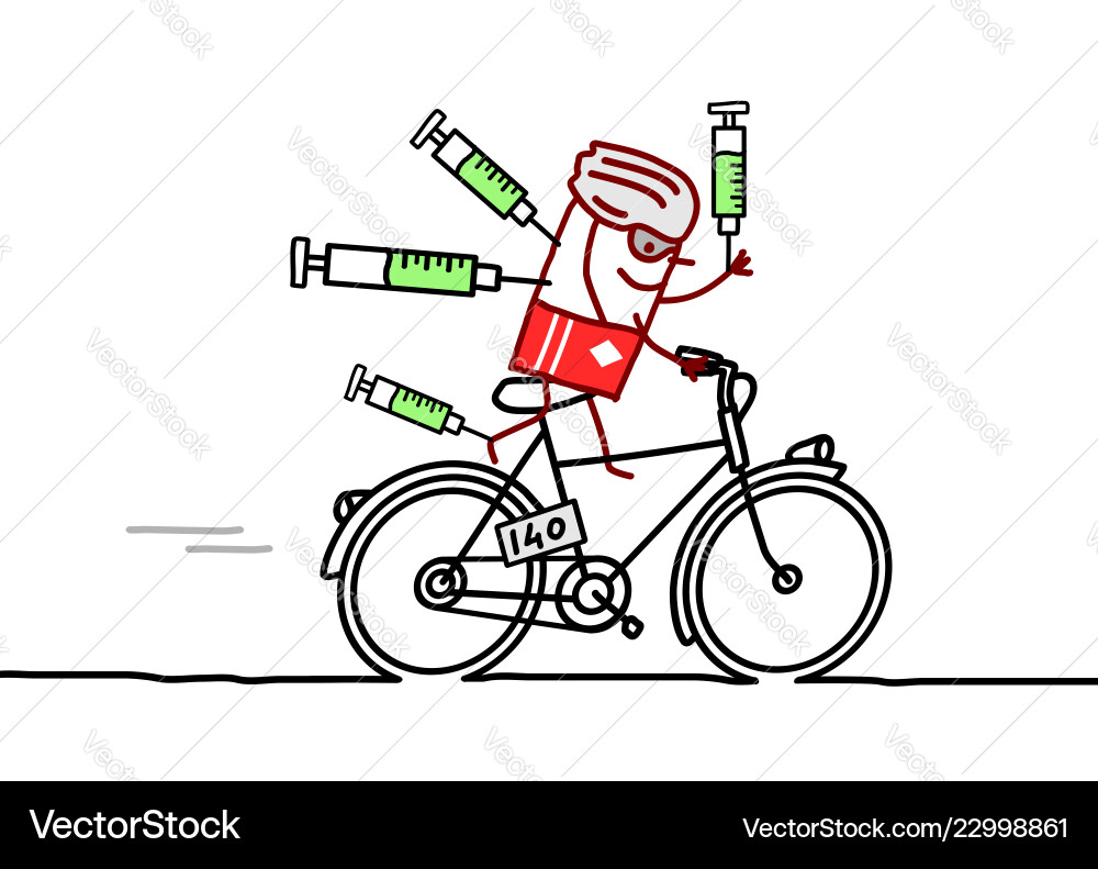 Cartoon cyclist champion and doping issue Vector Image