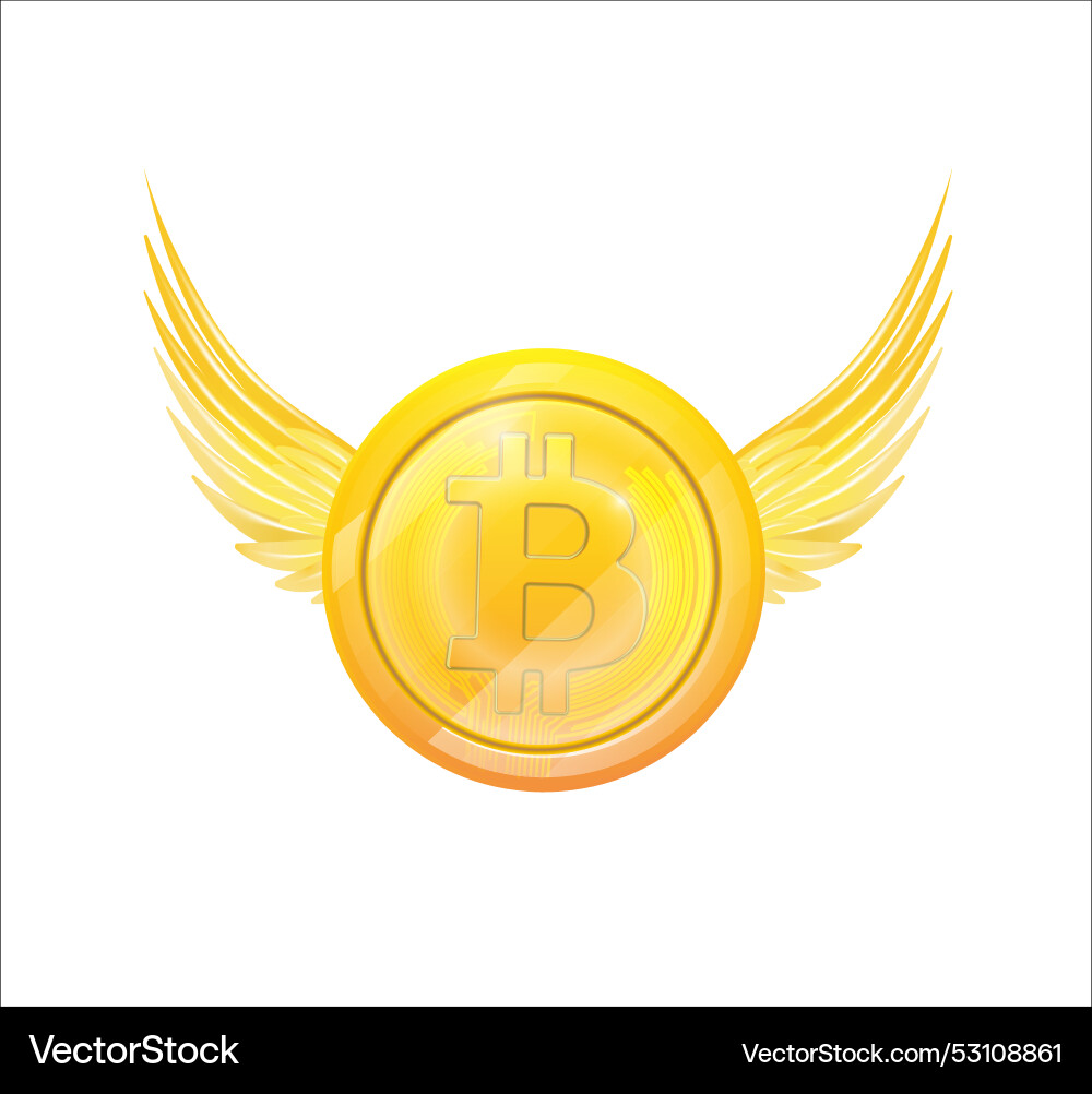 Flying golden coin bitcoin with wings Royalty Free Vector