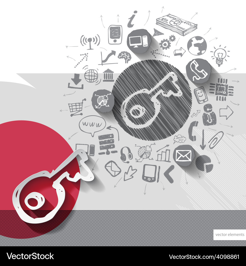 Paper and hand drawn key emblem with icons Vector Image