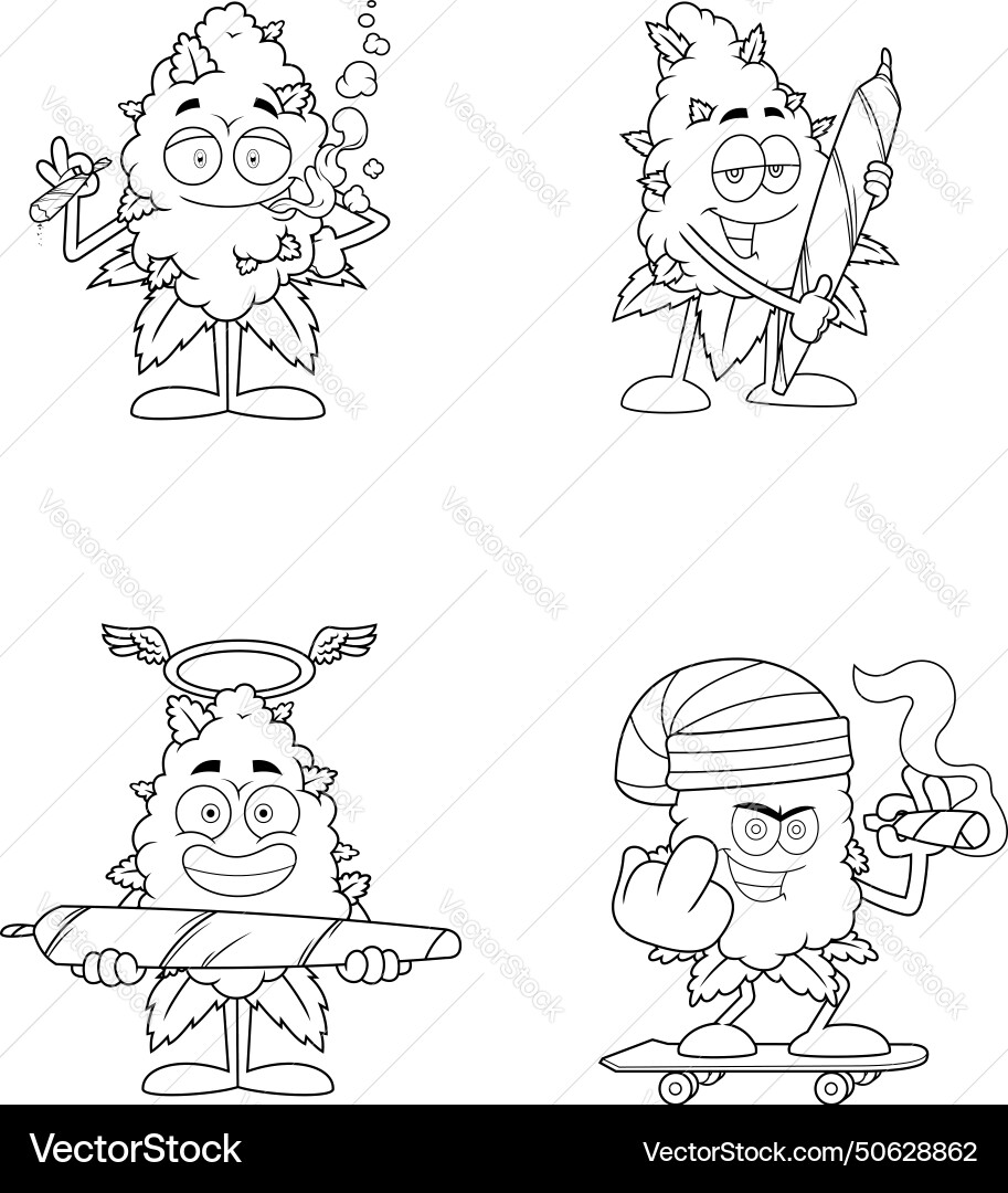 Outlined marijuana bud cartoon characters Vector Image