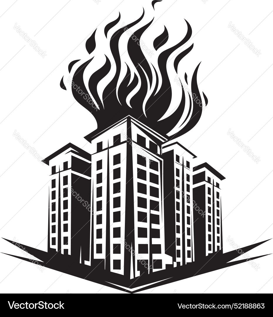 Crisis signal building on fire black logo icon Vector Image