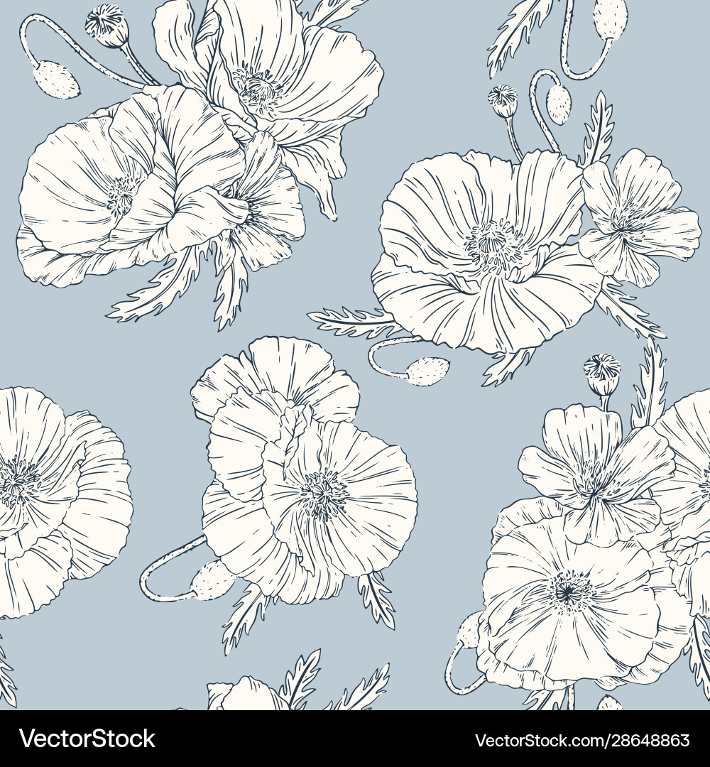 Poppy Seamless Pattern - Blue Royalty Free Vector Image