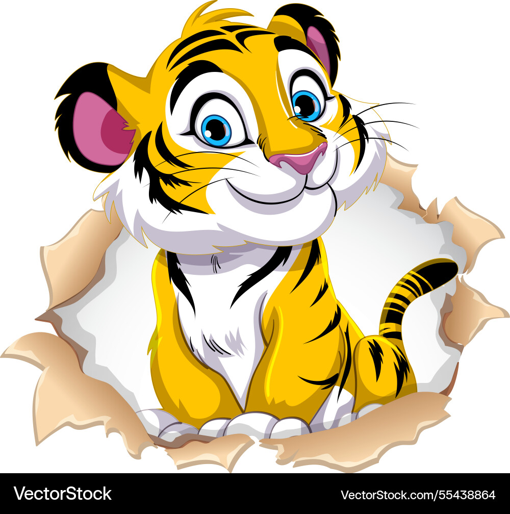 Cute tiger cub peeking through torn paper Vector Image