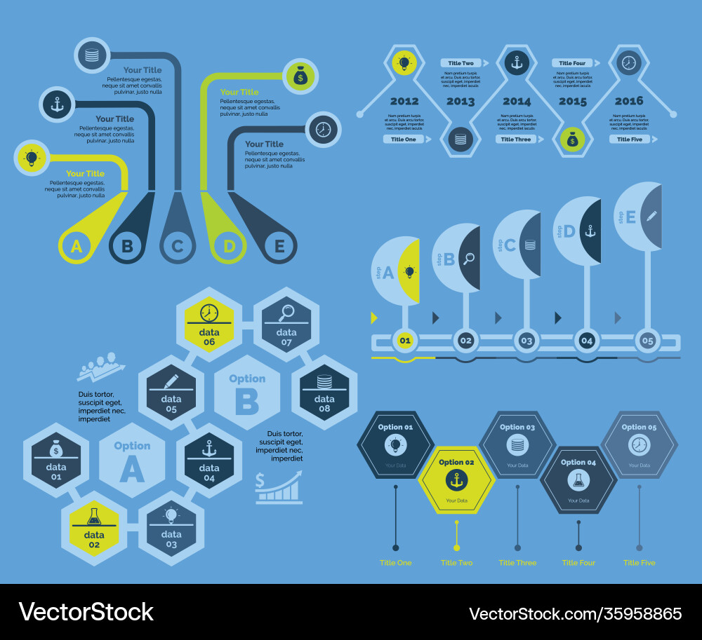 Five strategy diagrams templates set Royalty Free Vector