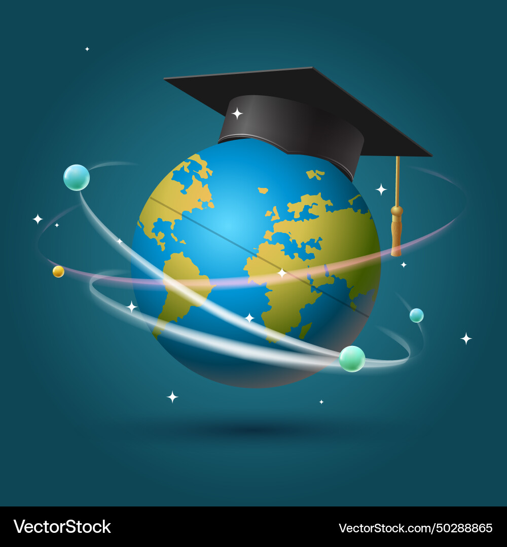 Graduation cap on planet earth world globe e Vector Image