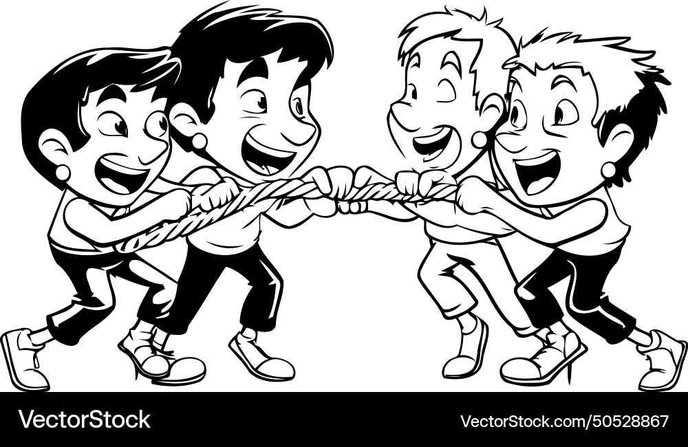 Cartoon kids pulling rope - black and white Vector Image