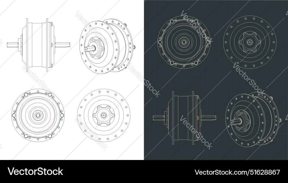 Hub motor for bicycle wheel blueprints Royalty Free Vector