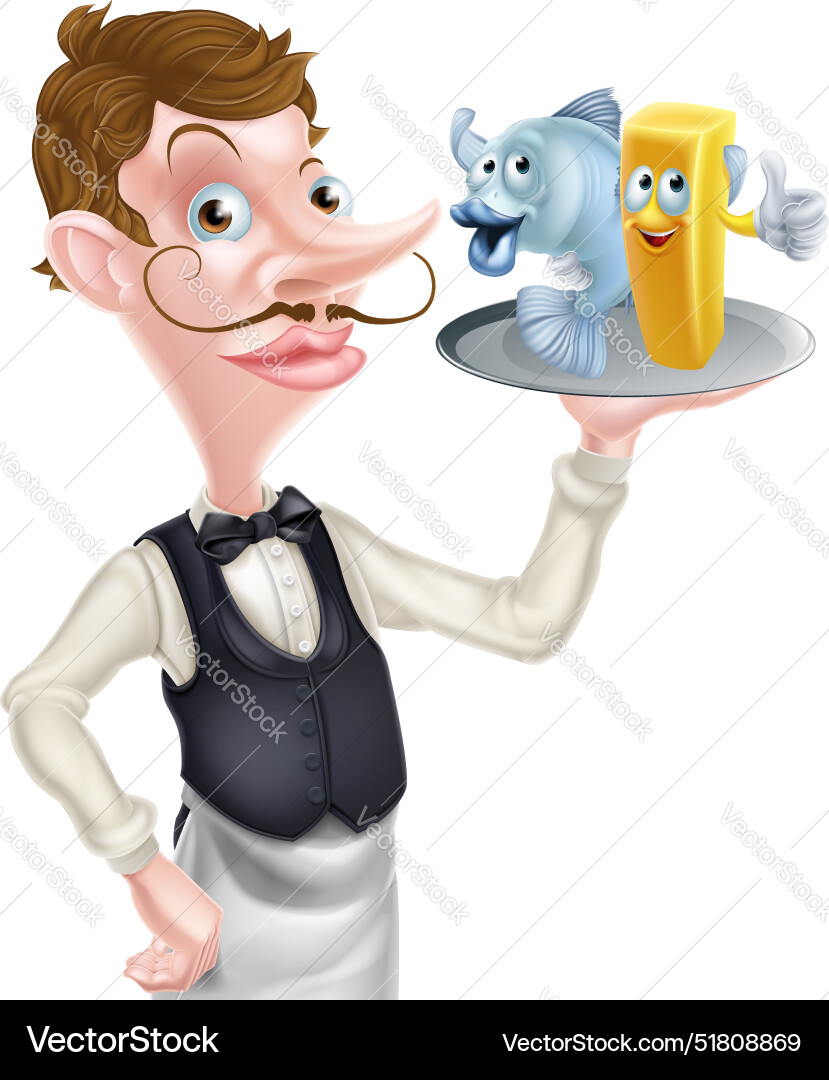 Cartoon waiter holding fish and chips Royalty Free Vector