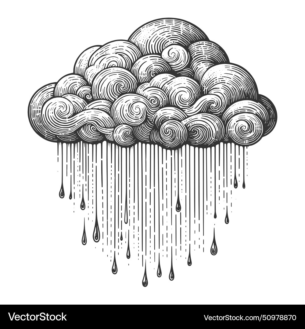 Rain cloud engraving Royalty Free Vector Image
