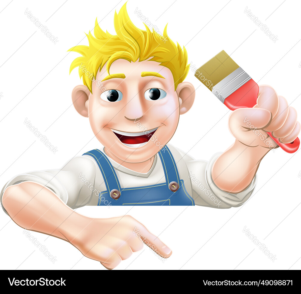 Cartoon painter pointing down at banner Royalty Free Vector