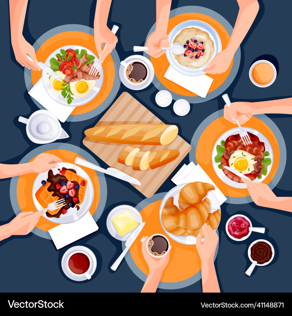 People have breakfast top view flat cartoon Vector Image