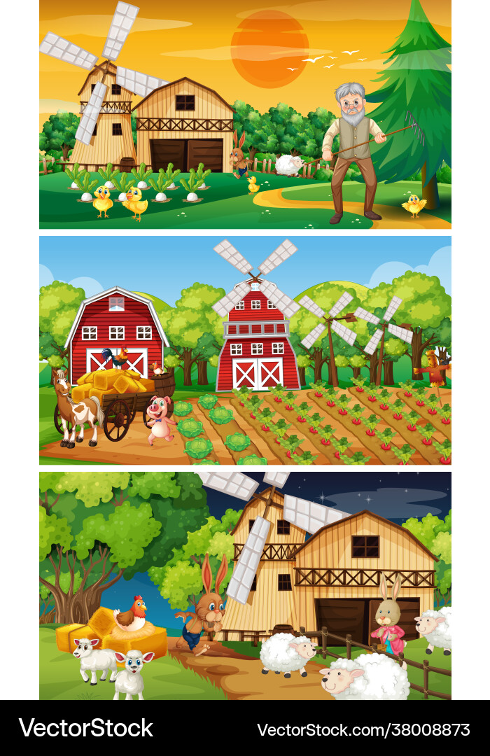 Different farm scenes with old farmer and animal Vector Image