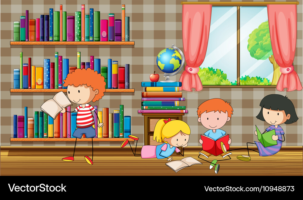 Kids reading books in the library Royalty Free Vector Image