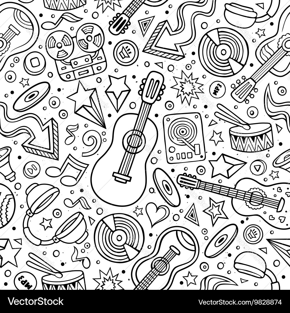 Cartoon hand-drawn musical instruments seamless Vector Image