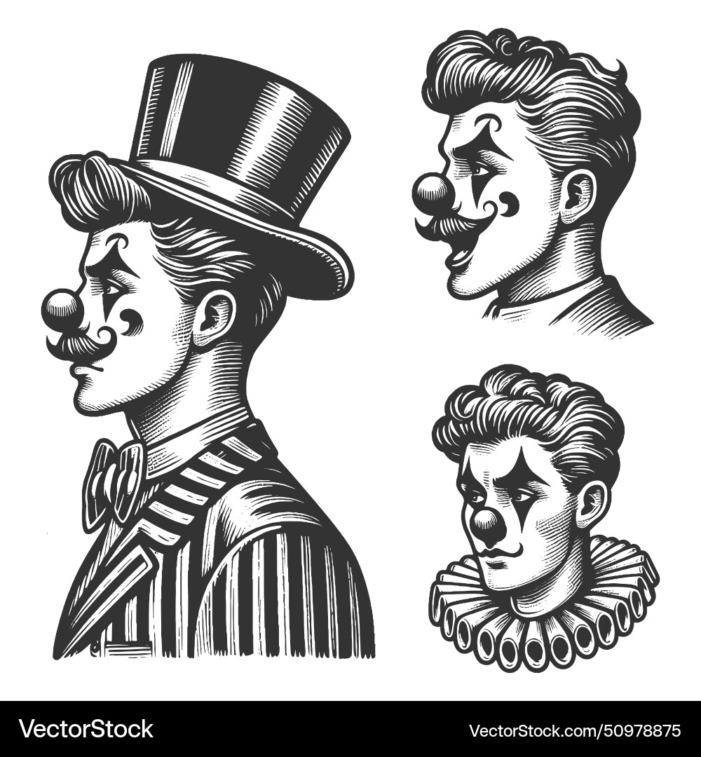 Vintage circus clown set engraving Royalty Free Vector Image