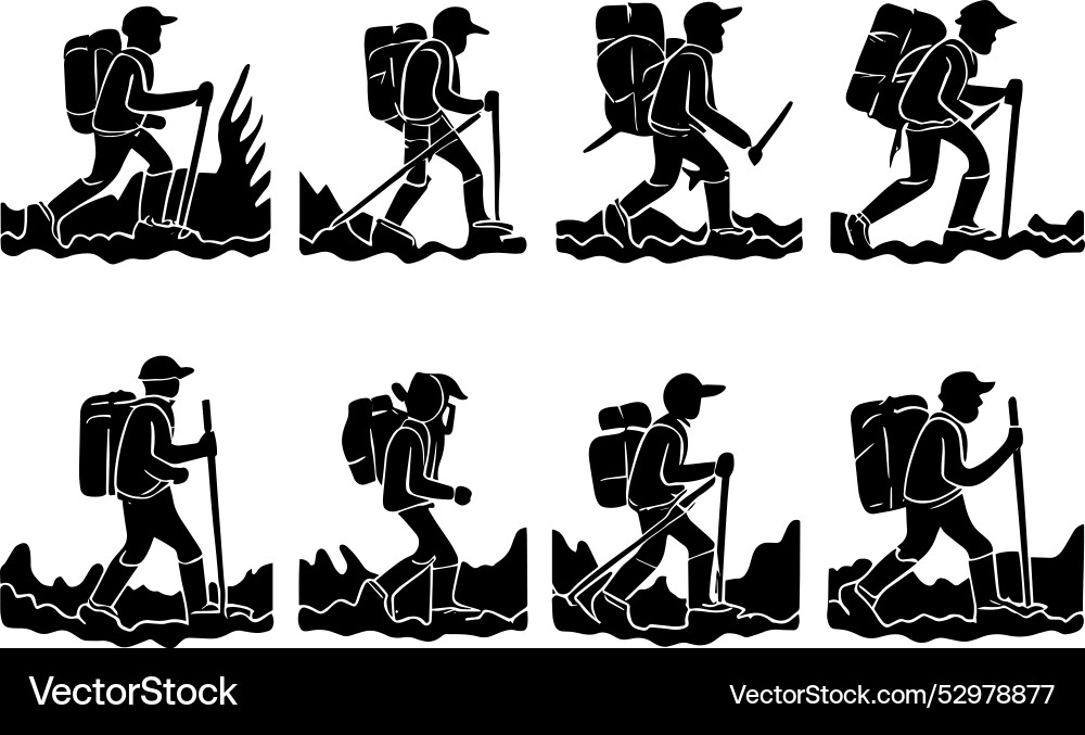 Silhouette hiker set trekking hiking advent Vector Image