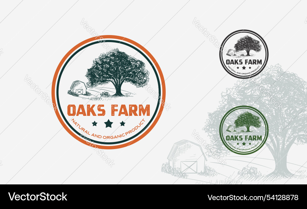 Barn with oak tree hand drawing symbol farm logo Vector Image