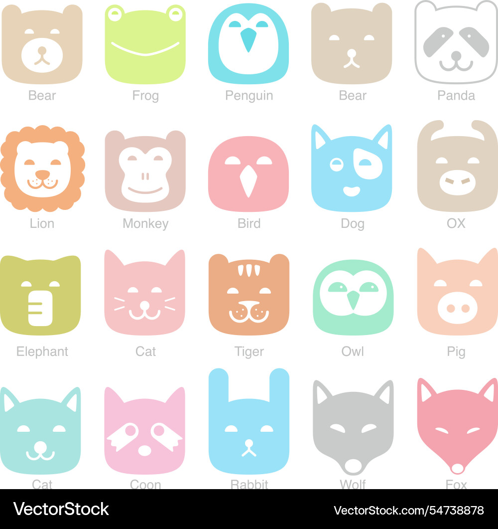 Cute animal face flat icon set Royalty Free Vector Image