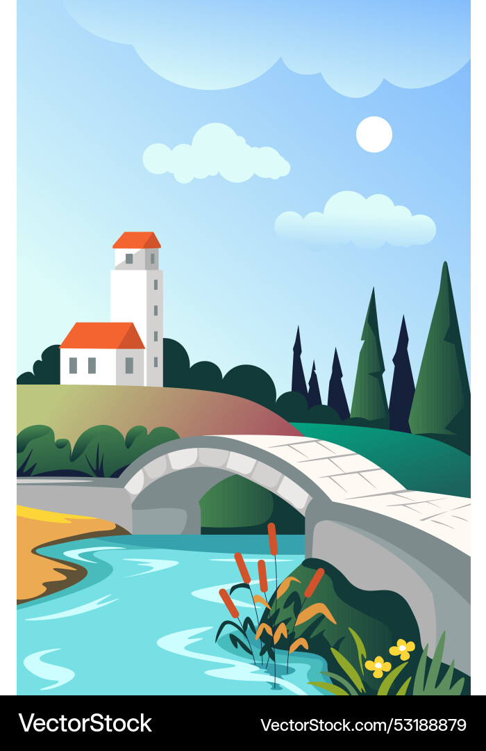 River landscape with bridge art Royalty Free Vector Image