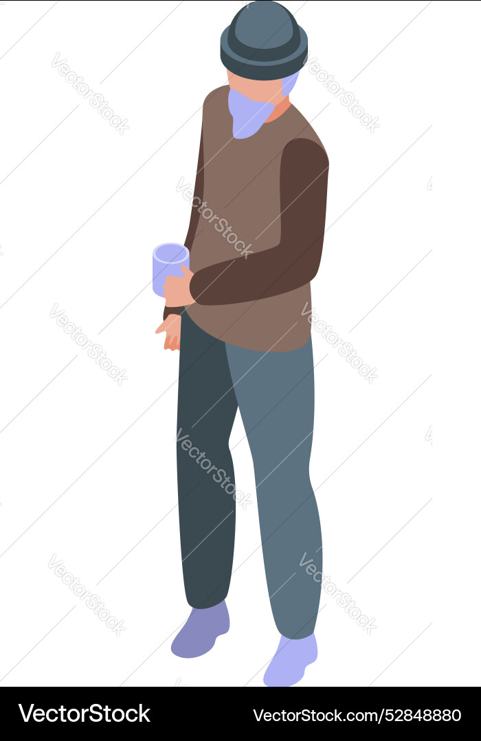 Homeless man is standing and holding a cup Vector Image