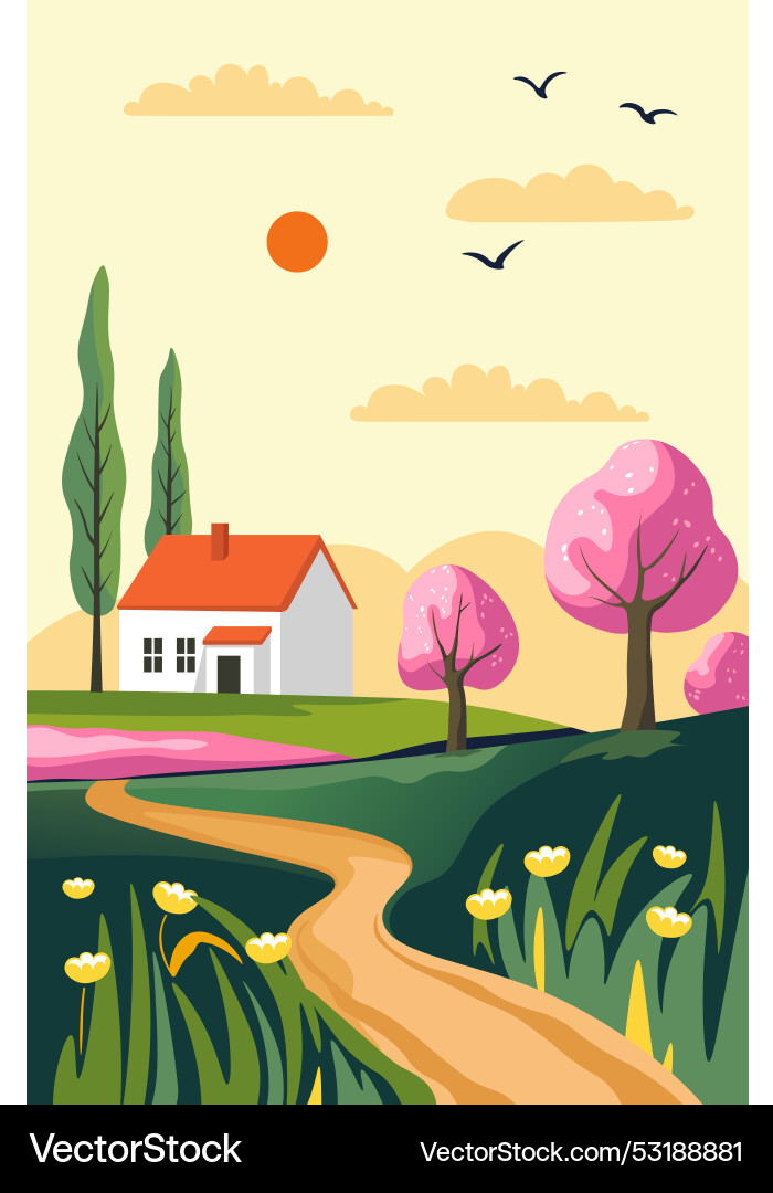 Countryside house with pink trees Royalty Free Vector Image