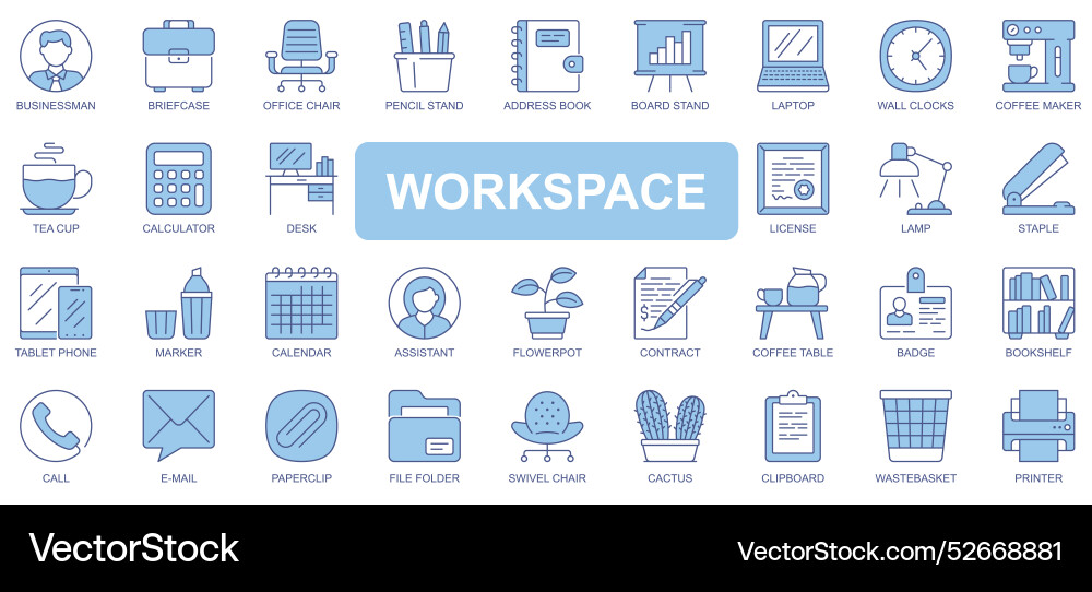Workspace icons set in duotone outline stroke Vector Image