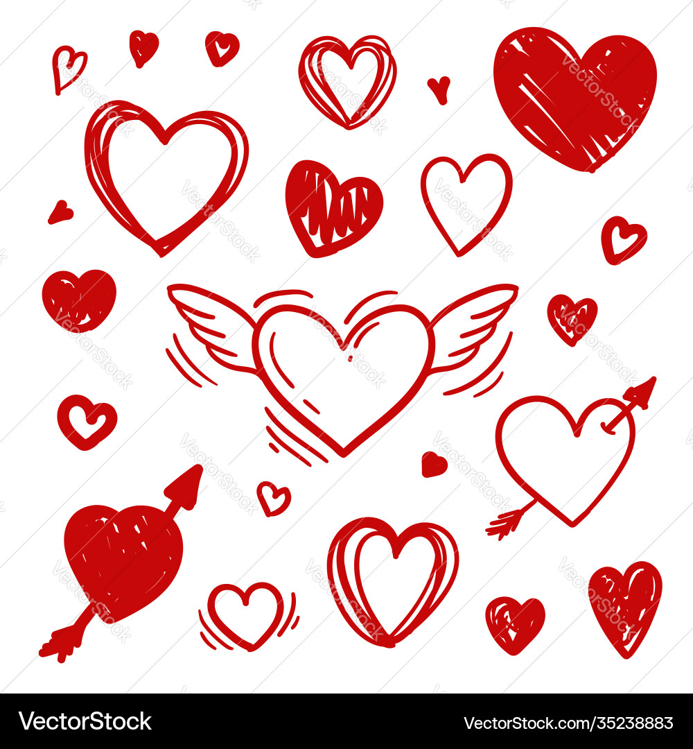 Set sketch doodle pen draw symbol a heart Vector Image