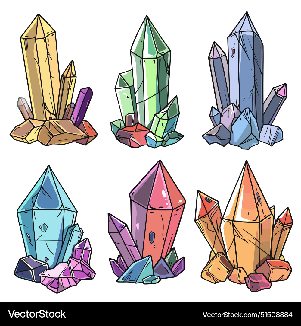 Colorful crystal clusters handdrawn Royalty Free Vector