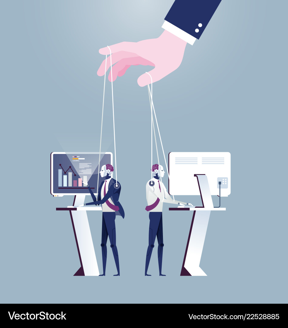 Hand controlling ai robot puppet artificial Vector Image