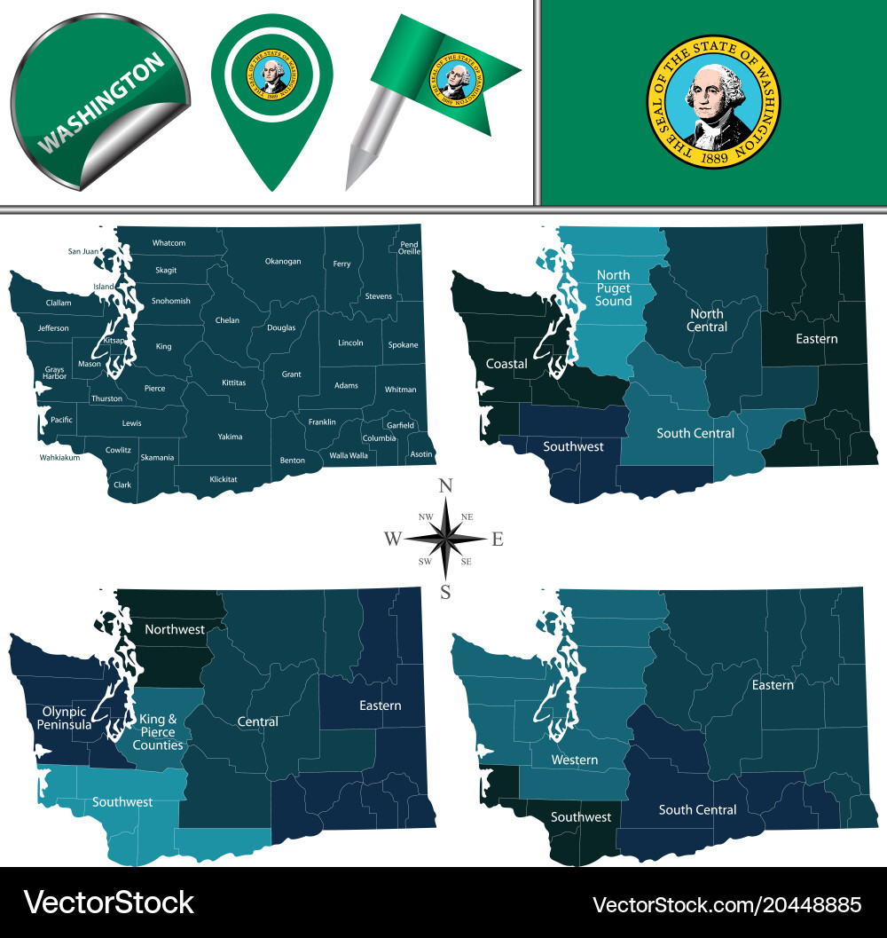 Map of washington with regions Royalty Free Vector Image