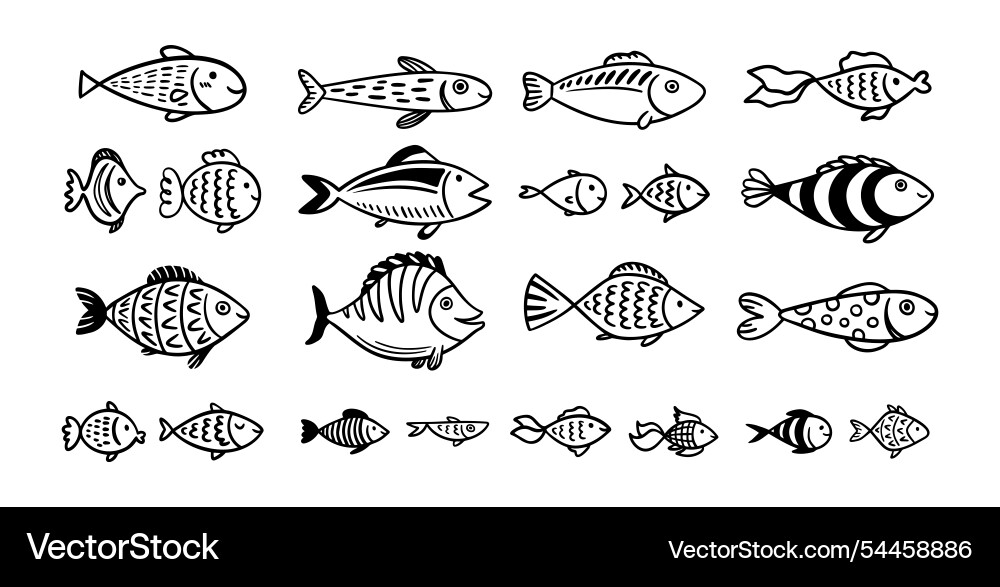 Doodle fish icon set hand drawn sketch Royalty Free Vector