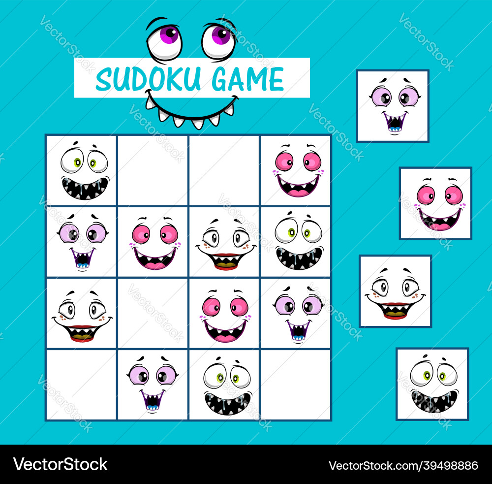 Sudoku kids game riddle with cartoon faces Vector Image