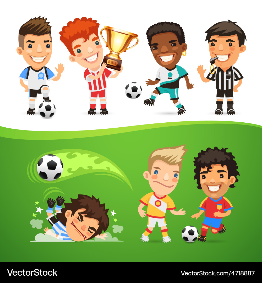 Cartoon soccer players and referee Royalty Free Vector Image