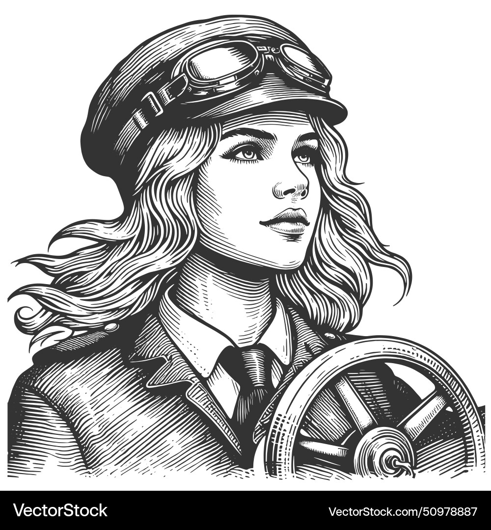 Female pilot with goggles steering wheel Vector Image
