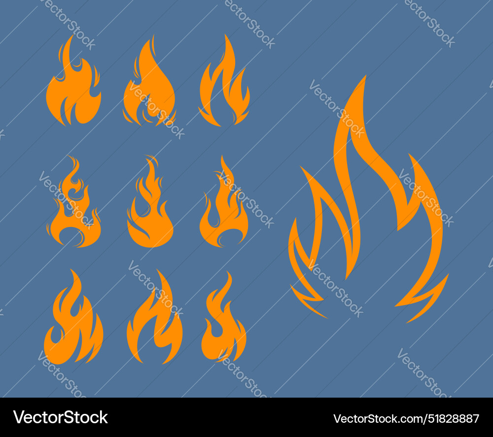 Fire flames set icons and outl Royalty Free Vector Image