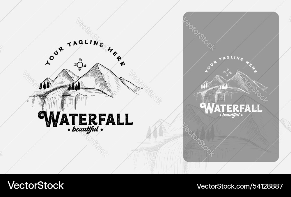 Hand drawn logo of mountain with waterfall Vector Image