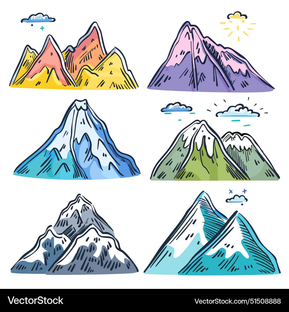 Collection colorful handdrawn mountain range Vector Image