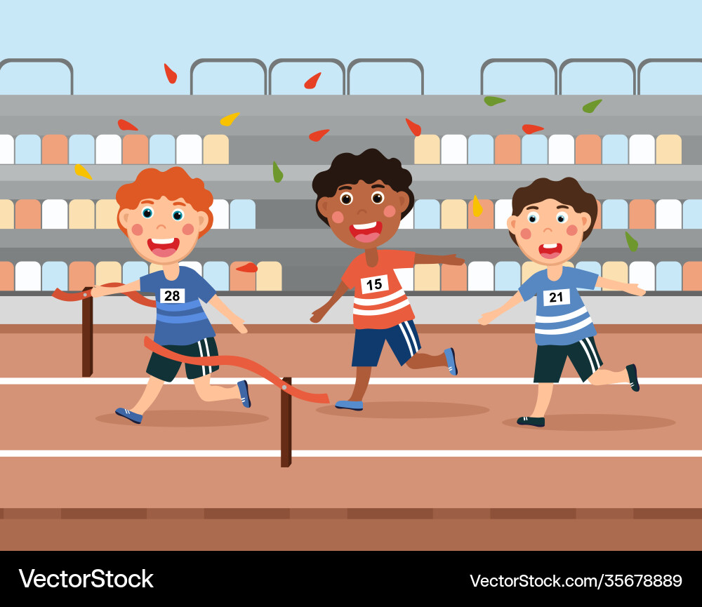 Three young boys competing in a running race Vector Image