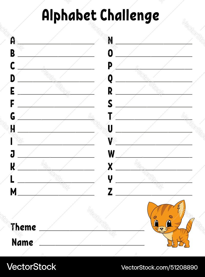Alphabet challenge educational activity worksheet Vector Image