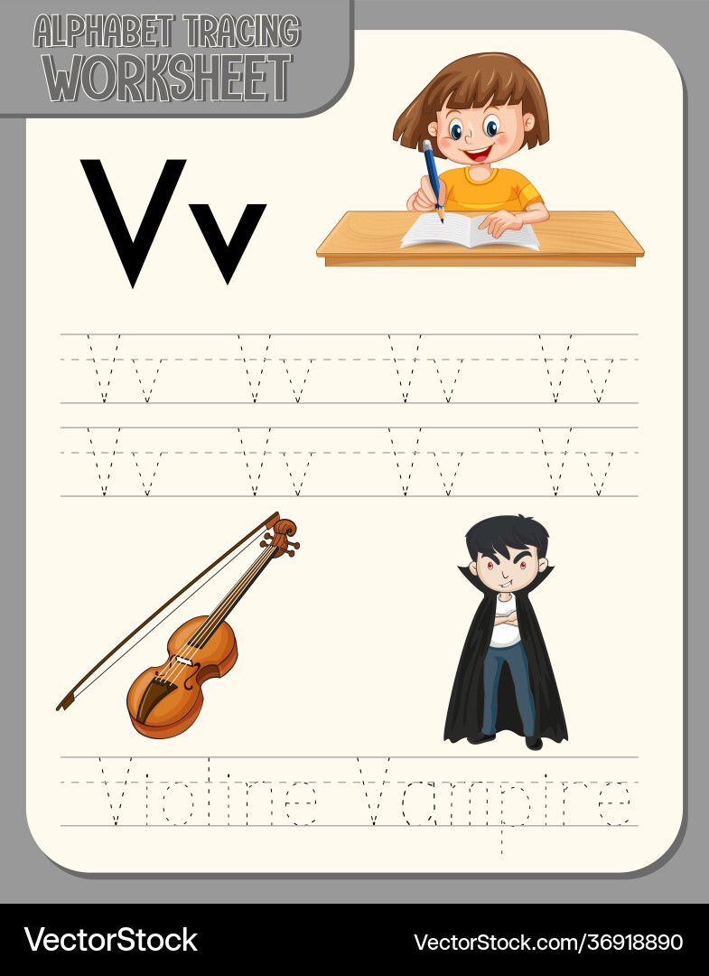 Alphabet tracing worksheet with letter v Vector Image