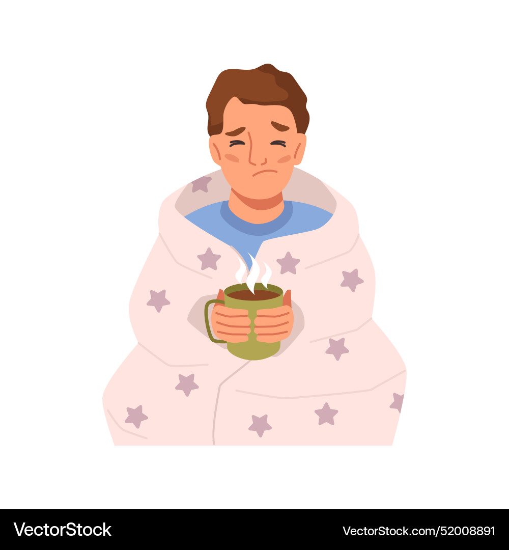 Boy with fever drinking hot drink cold symptoms Vector Image