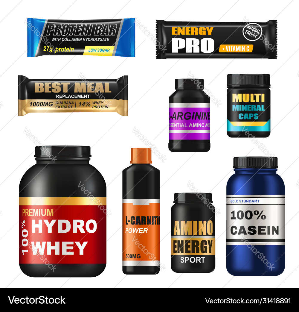 Sport nutrition realistic jars Royalty Free Vector Image
