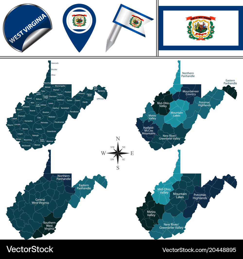Map of west virginia with regions Royalty Free Vector Image
